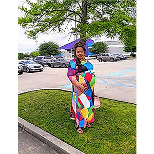 Locryz Women's V Neck 3/4 Sleeve Digital Printed Loose Long Maxi Party Dress with Belt (M, Blue)