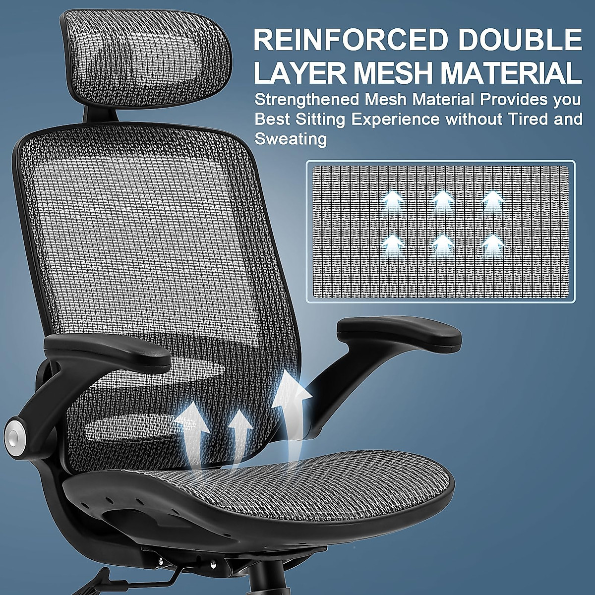 Ergonomic Mesh Office Chair for Tall People, High Back Mesh Chair with Adjustable Flip Up Armrest & 2D Headrest &, 135°Tilt Function, Mesh Seat, Swivel Executive Task Chair for Home 350lb