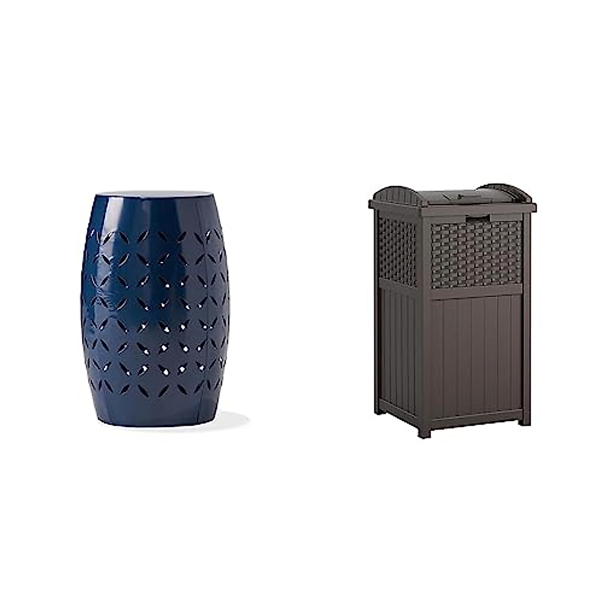 Christopher Knight Home Lilac Outdoor 12" Iron Side Table, Dark Blue & Suncast 33 Gallon Hideaway Can Resin Outdoor Trash with Lid Use in Backyard, Deck, or Patio, 33-Gallon, Brown
