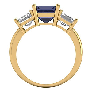 Clara Pucci 3.35 Square Emerald Baguette Cut Engraving 3 stone Faux Blue Sapphire Designer Solitaire Statement Ring 18K Yellow Gold 10.5