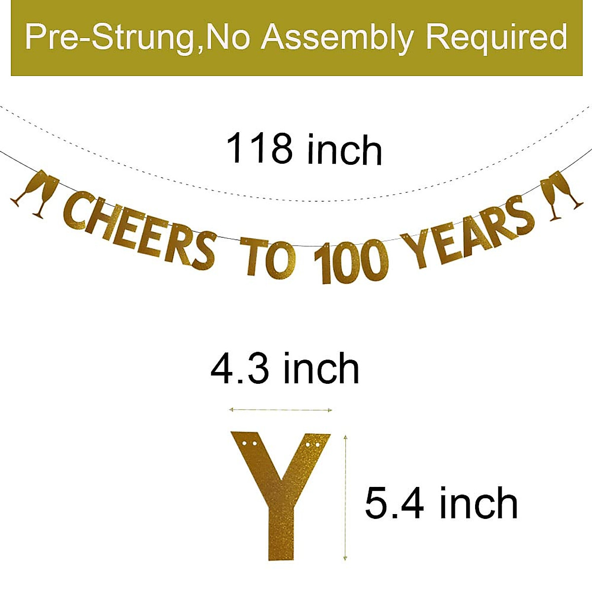 Betteryanzi Gold Cheers to 100 Years Banner,Pre-strung,100th Birthday/Wedding Anniversary Party Decorations Supplies,Gold Glitter Paper Garlands Backdrops,Letters Gold CHEERS TO 100 YEARS