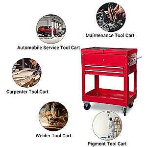 HPDMC Steel Tool Service Utility Push Cart with Lockable Drawers & Sliding Top, 27.8" L x 14.6" W x 32.7" H, 212 lbs Loading Capacity, 2-Drawer Garage Workshop Rolling Storage Tool Chest