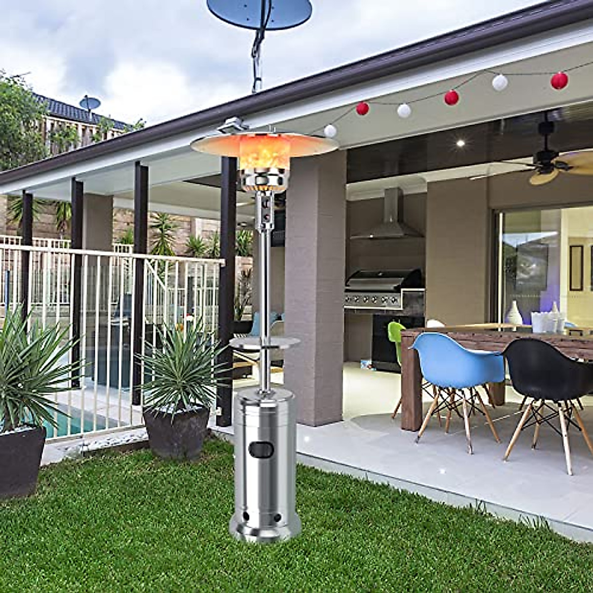 COSTWAY Patio Heater, 48000 BTU Propane Heater with Drink Shelf Tabletop, Simple Ignition System, Base Reservoir and Wheels, Standing Outdoor Space Heater for Patio, Garden and Backyard (Silver)