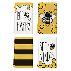 Artoid Mode Cute Bee Happy Bee Kind Summer Kitchen Towels, 18 x 26 Inch Holiday Spring Ultra Absorbent Drying Cloth Dish Towels for Cooking Baking Set of 4