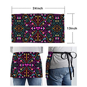 Flowers Mexico Waitress Waiter Server Apron with Pockets,Geometric Abstract Floral Colored Waist Half Waterproof Cooking Kitchen BBQ Grill Chef Apron for Women,Men,Kids,Dad,Mom,Grandma,Boys,Girls
