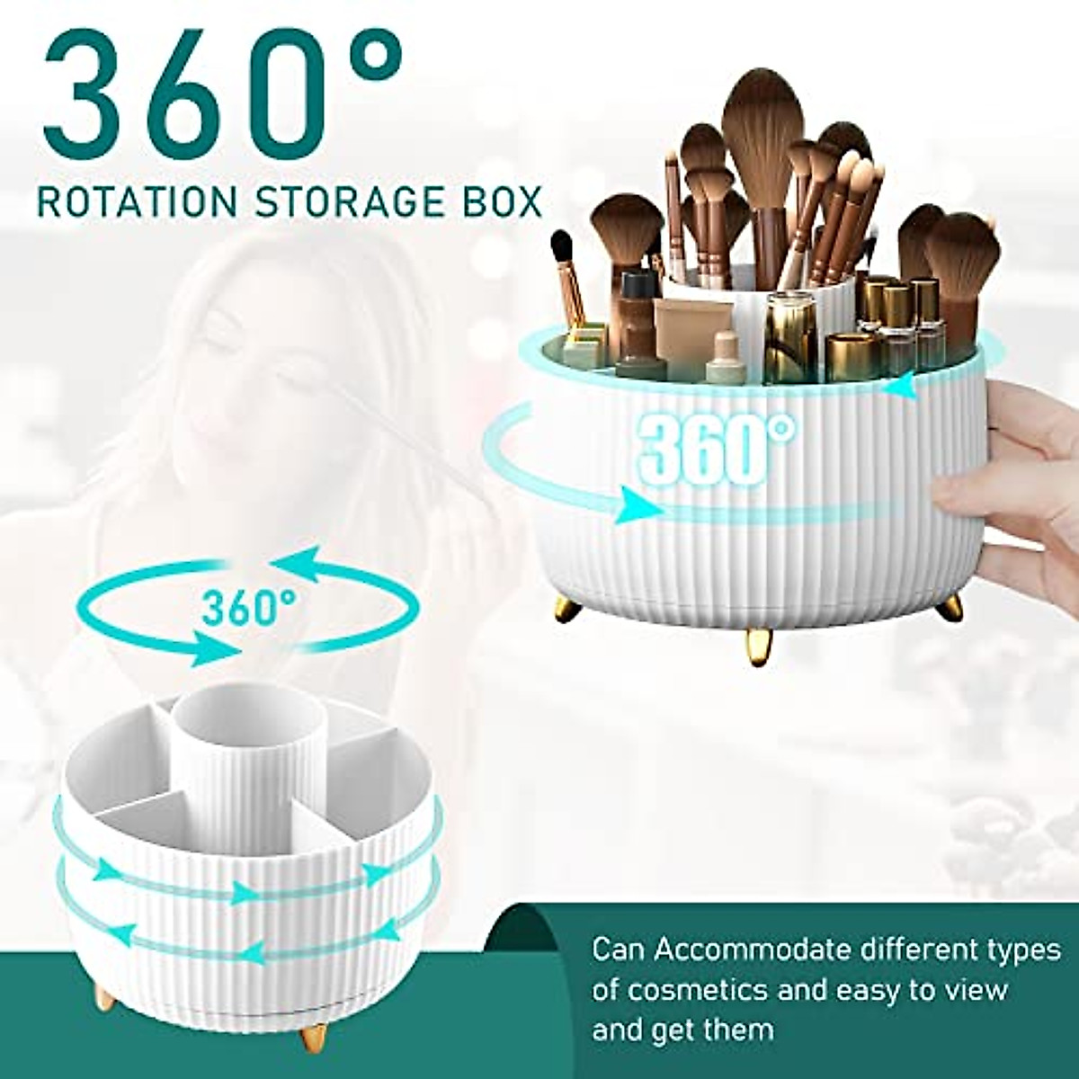 Diesisa Makeup Brush Holder Organizer,360° Rotating Makeup Brush Organizer,5 Slot Make up Brushes Cup for Cosmetics, Nail Polish, Art Supply, Bathroom Vanity Desktop Organizer - White