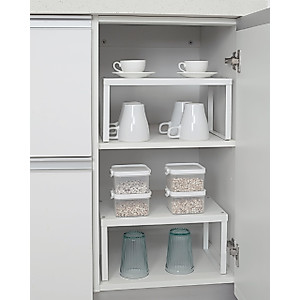 Nxconsu 2Pack Cabinet Shelf Expandable Stackable Organizer Riser for Kitchen Cabinet Pantry Cupboard Under Sink Countertop Organization Accessories Storage Space Saver Multi-Function Metal White