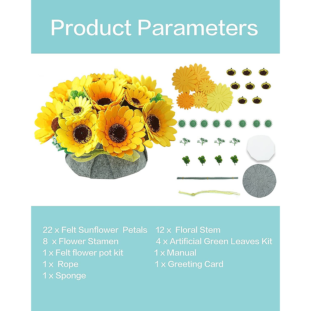 BAZIMA DIY Felt Flower Art Craft Kit, DIY Felt Sunflower Pot Bonsai Kit, Floral Gifts,Beginner Craft Kit,Arrange Pre-Cut Felt Flowers and Foliage