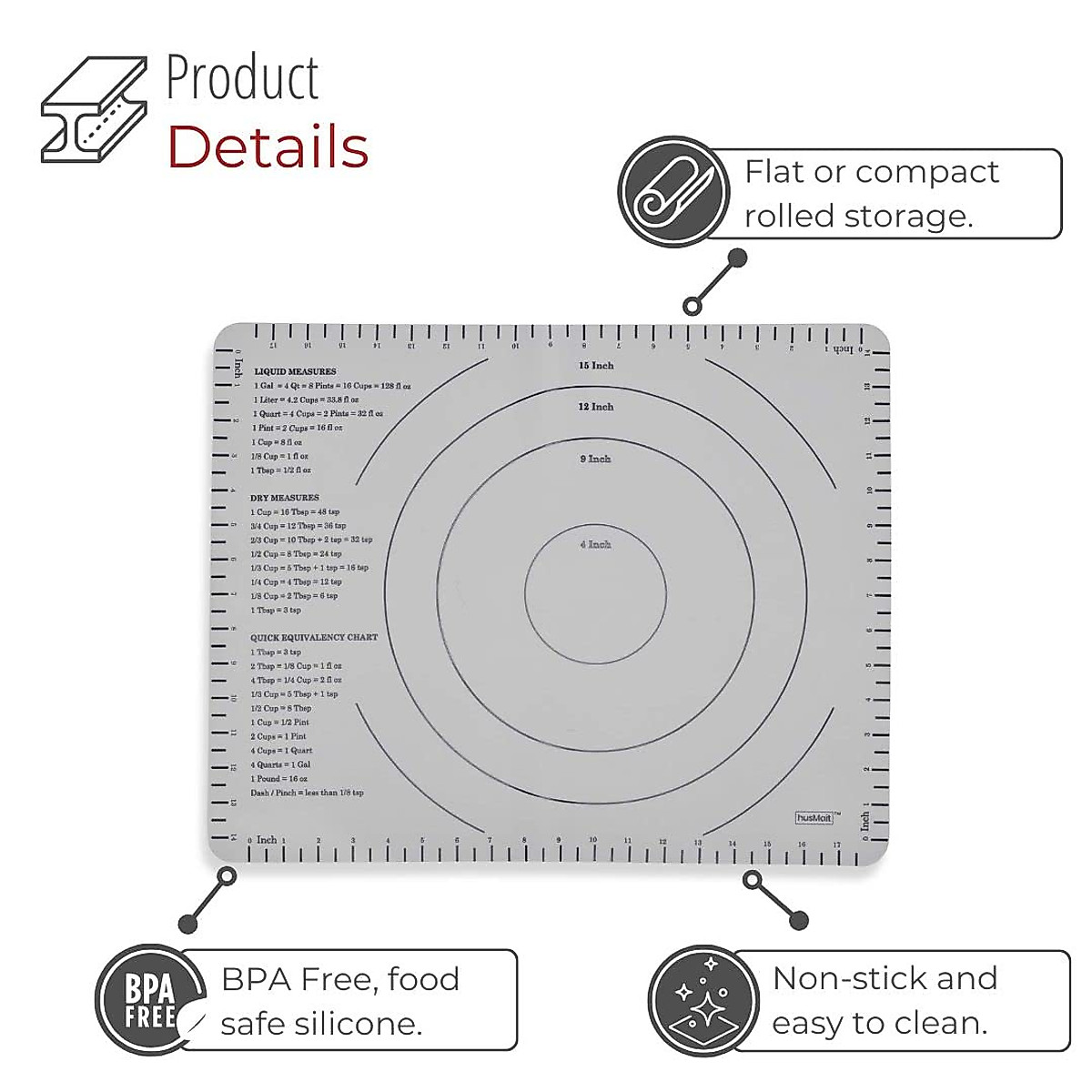 husMait Silicone Rolling Mat - Premium Kitchen Pastry Mat for Rolling and Baking Prep - Great for Making Dough, Pastries, Pizza and Pie