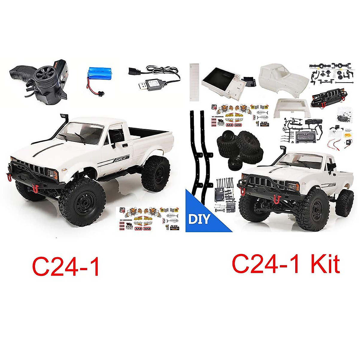 C24-1 RC Car Crawler 4WD Off-Road Truck with Bright Headlight, DIY Remote Control Children, Climbing Vehicle Speed Model Toys