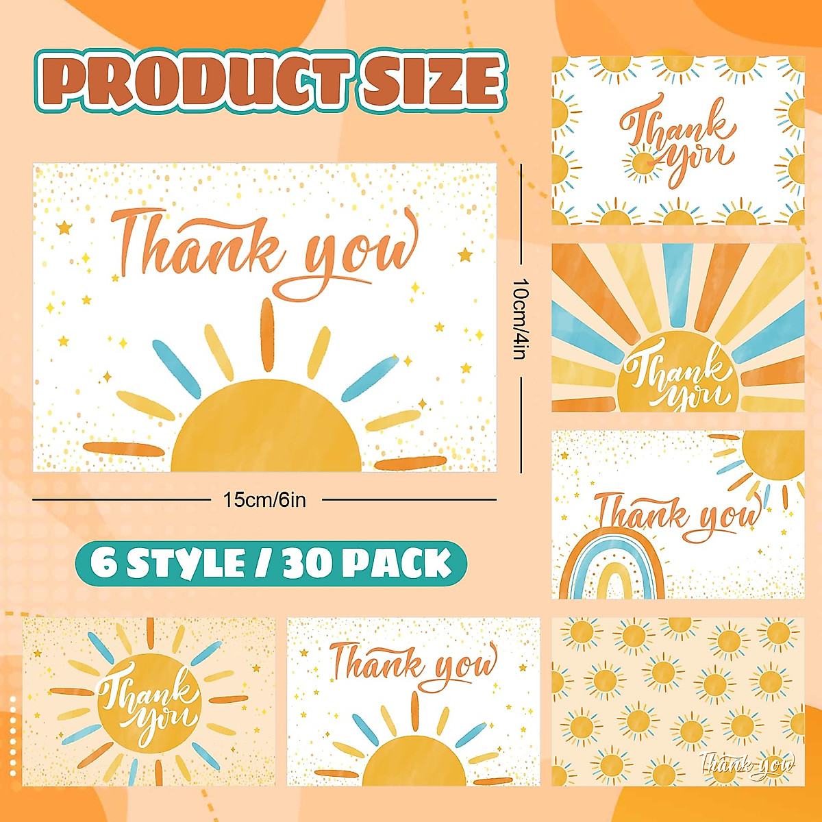 Whaline 30 Packs Boho Sun Thank You Cards Retro Sunshine Greeting Cards with Envelopes and Stickers Here Comes the Son Blank Note Cards for Baby Shower Birthday Party Supplies