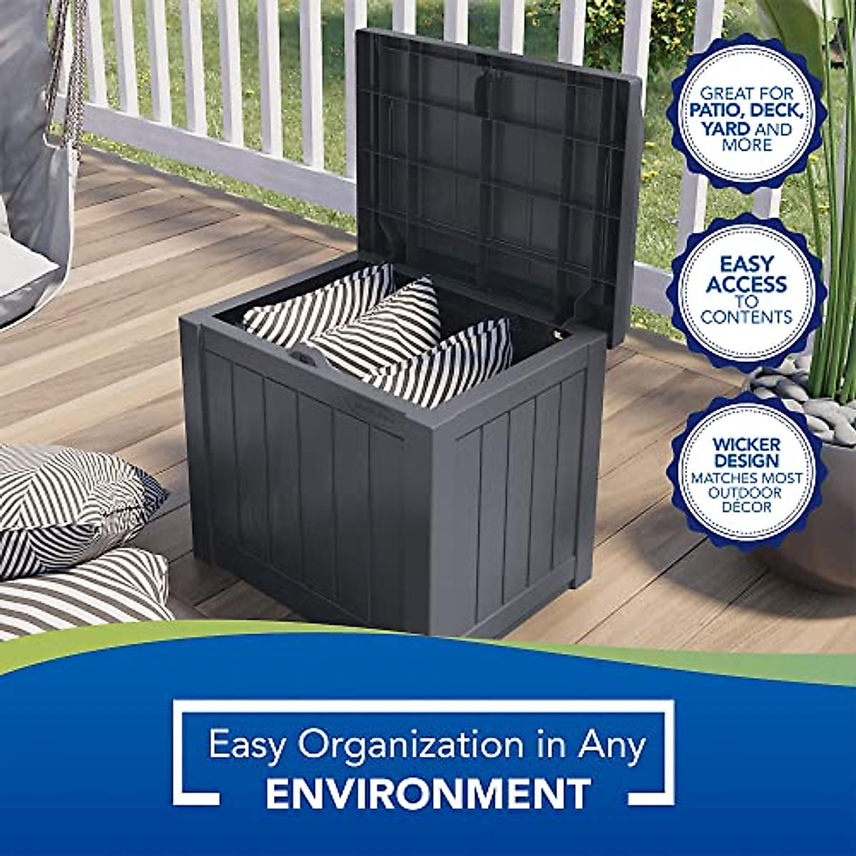 Suncast 22 Gallon Indoor or Outdoor Backyard Patio Small Durable Plastic Storage Deck Box with Attractive Bench Seat and Reinforced Lid, Cyberspace