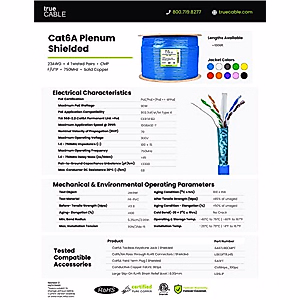 trueCABLE Cat6A Shielded Plenum (CMP), 1000ft, Orange, 23AWG Solid Bare Copper, 750MHz, PoE++ (4PPoE), ETL Listed, Overall Aluminum Foil Shield (F/UTP), Bulk Ethernet Cable