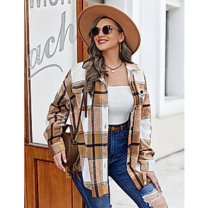 IN'VOLAND Women's Plus Size Flannel Plaid Shacket Casual Button Down Long Sleeve Flannel Shirts Lapel Fall Brown Jacket 20W