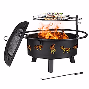 FUNBERRY Fire Pits for Outside,Outdoor Fire Pits with Grill,Wood Burning Fire Pit,30 Inch Firepit with Spark Screen,Log Grate,Poker
