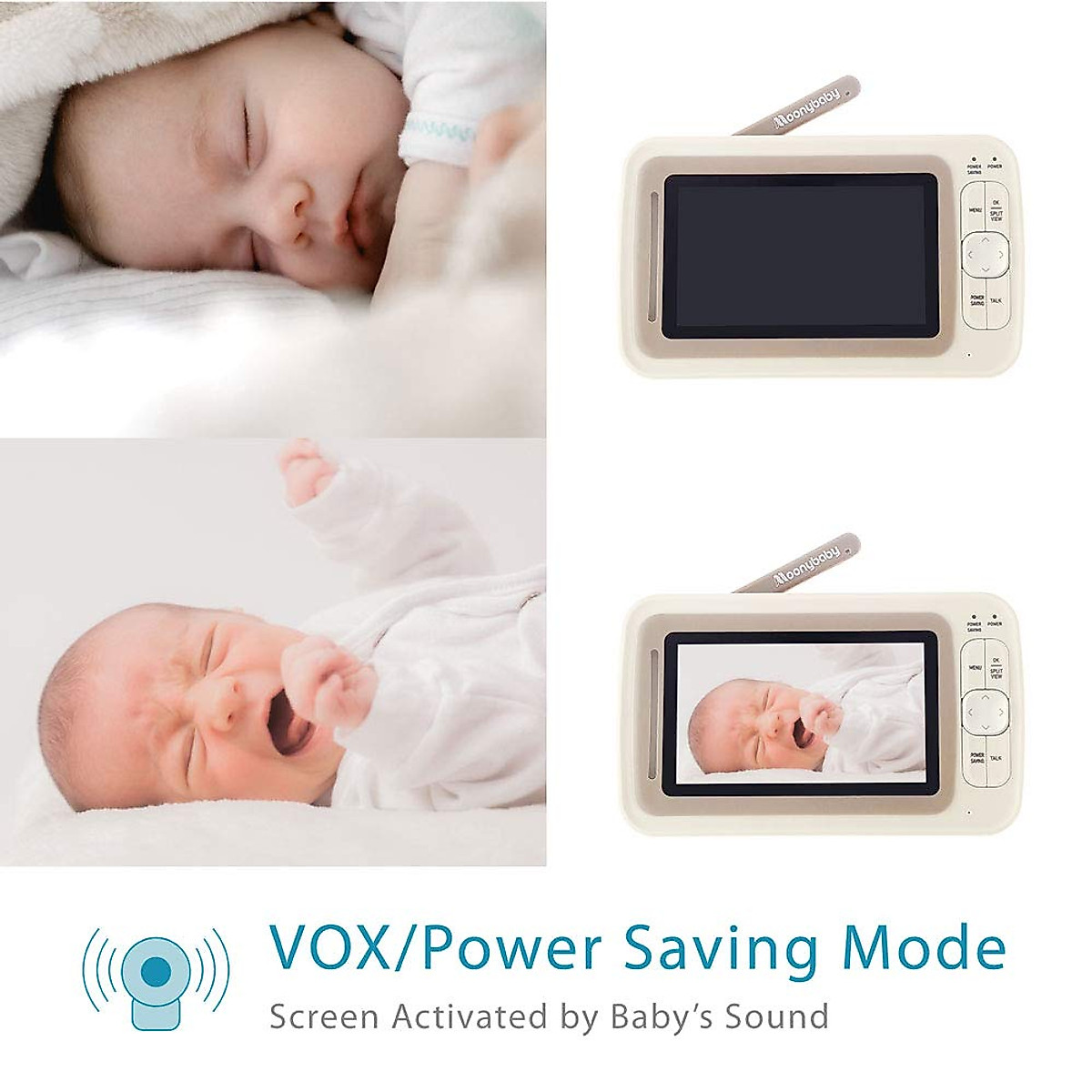 Moonybaby Split Screen Baby Monitor with 2 Cameras, Extended 12hrs Battery Life, Wide View, Large Screen, Long Range, Night Vision, Temperature Monitoring, 2 Way Talk Back, Power Saving