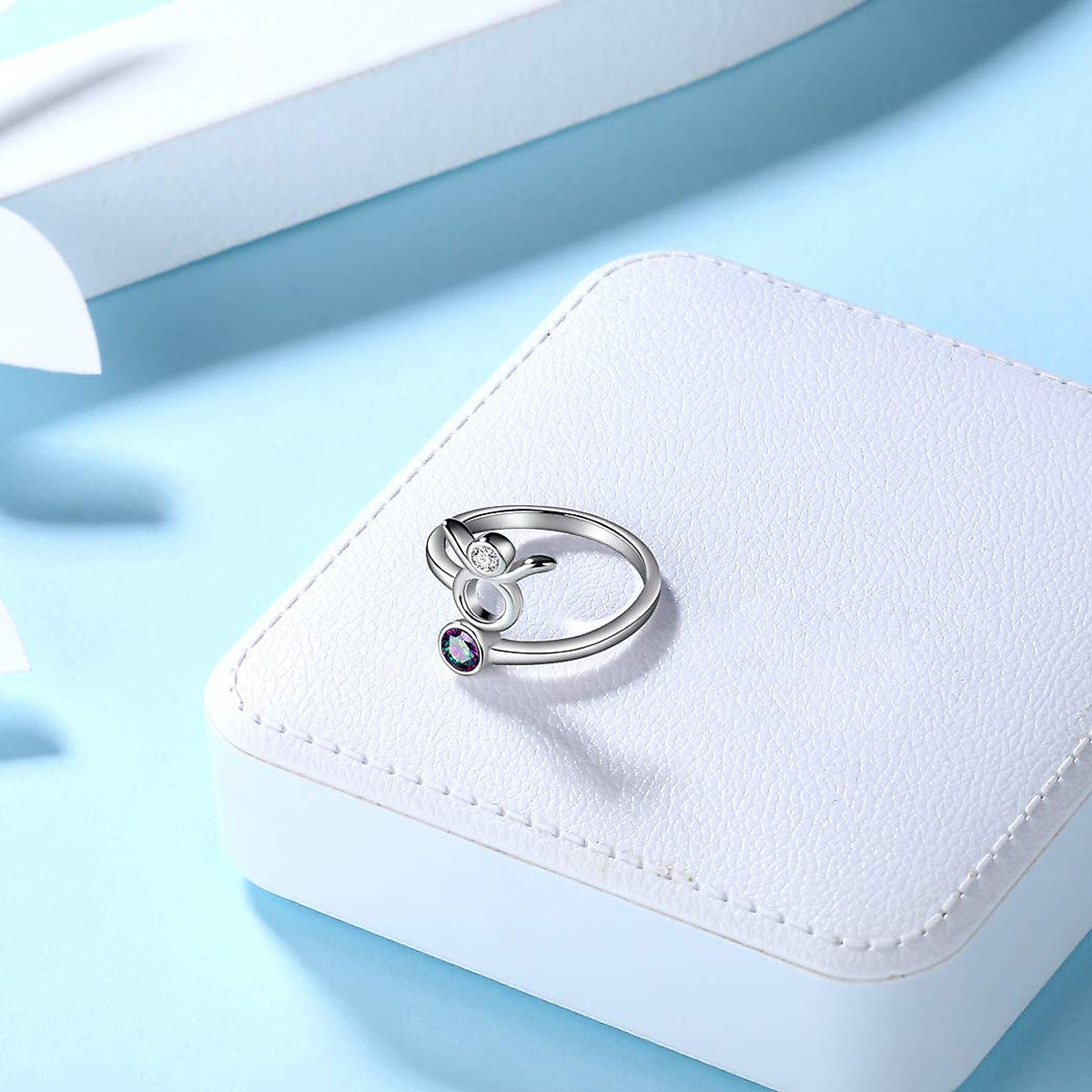 Taurus Zodiac Sign Adjustable Ring Mystic Rainbow Stacking Ring for Women White Gold Over 925 Sterling Silver Constellation Birth Month Ring Jewelry for Birthday Mothers Day Gift for Mom FR036J