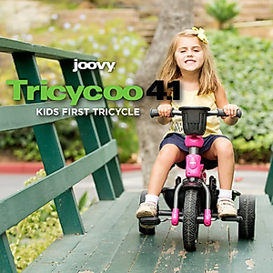 Joovy Tricycoo 4.1 Kids Tricycle with 4-Stages Featuring Extra-Wide Front Tire, Removable and Adjustable Parent Handle, Safety Harness, Machine-Washable Seat Pad, and Retractable Canopy (Pink)