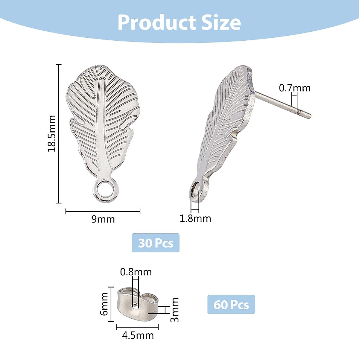 DICOSMETIC 30Pcs Leaf Stud Earrings Ear Stud Post Leaf Pad Nature-Inspired Ear Studs Earring Posts with Hole 1.8mm Stainless Steel Studs Findings with 60Pcs Ear Nut for Earring Making