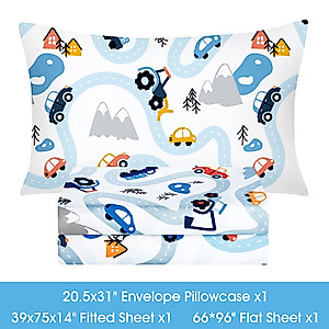 BYSURE Twin Sheets Set Kids(Car Trace, Blue), 3 Pieces Easy Fit Deep Pocket Sheets Set, Breathable Wrinkle-Free Microfiber Bedding for Children