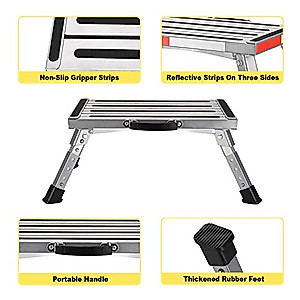 Safety RV Steps, Yagud Height Adjustable Folding Platform Step with 17" X 12" Anti-Slip Surface, Rubber Feet, Handle, Reflective Strips, and T Level, Aluminum RV Step Stool Supports Up to 1000lbs