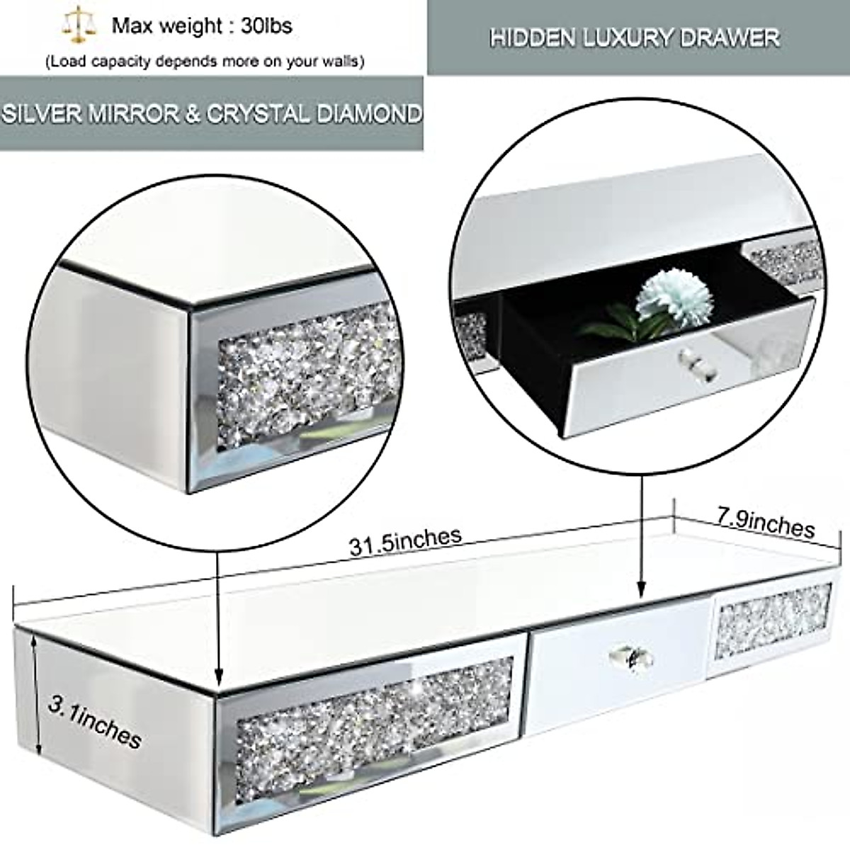 Mirrored Furniture Wall Shelf with Drawer, Crystal Diamond Floating Showcase, Silver Mirror Crushed Diamond Decorative Dressing Table, Gorgeous Bling TV Set, Wall Art Décor,31.5" L×7.9" W×3.1" H