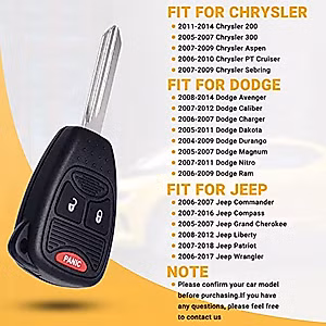 Car Key Fob Keyless Entry Remote Compatible with Chrysler 200/300/ Aspen/Dodge Charger/Ram/Durango/Wrangler/Commander etc. 3 Buttons OHT692427AA Key Remote Clicker- Pack of 2