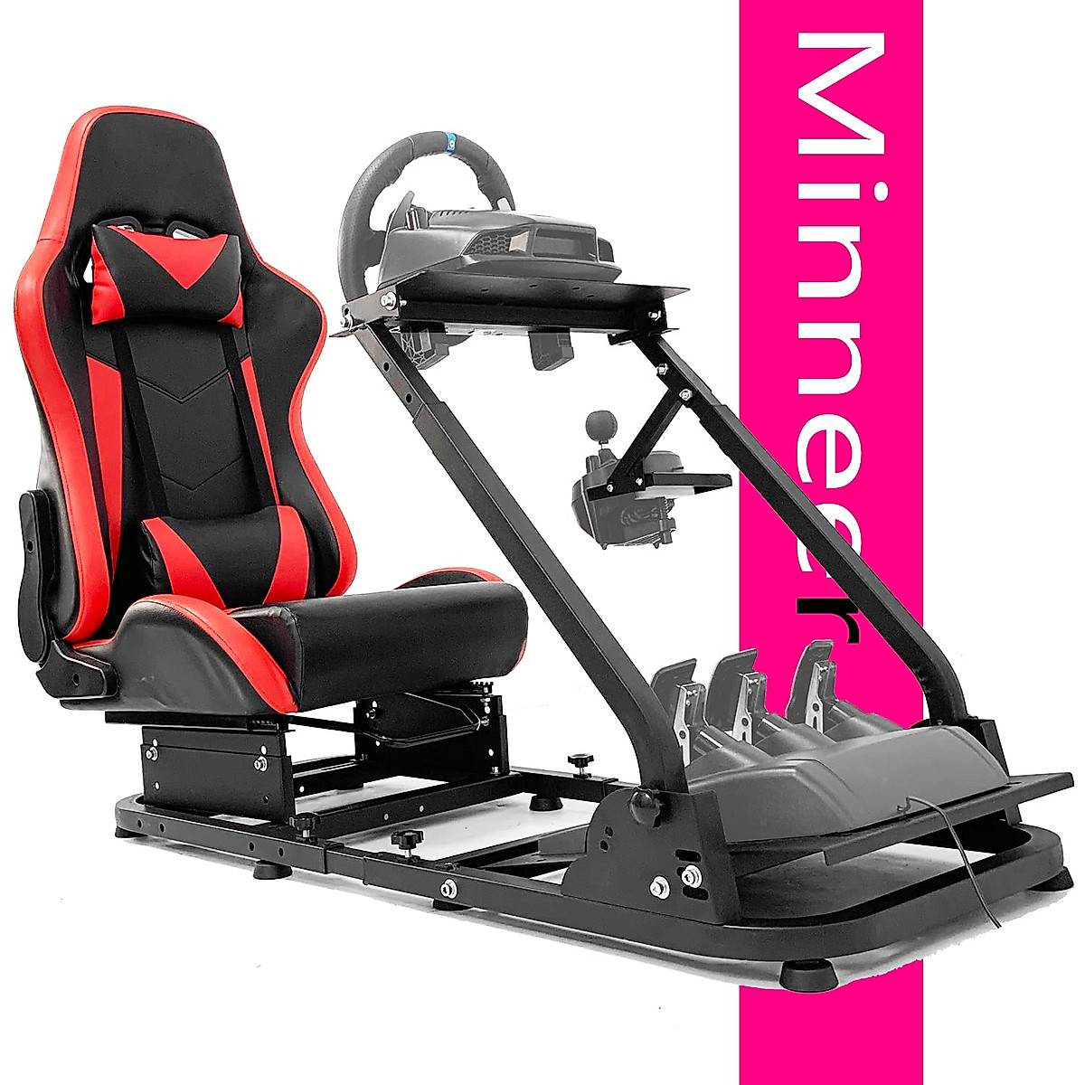 Minneer Racing Steering Simulator Cockpit Red with TV Bracket Mounting Holes Racing Wheel Stand/Fits Logitech G25, G27, G29/ Compatible with Playstation, PC Platforms with Capacity 220LBS