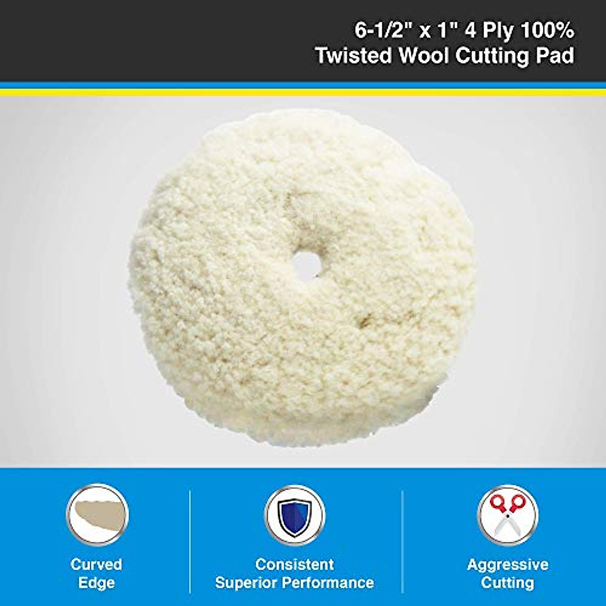 Lake Country Manufacturing 4-Ply 100% Twisted Wool Cutting Pad - Wool Hook and Loop That Fits Backing Plate - Supports Heavy Cutting Application and 1" Pile Height (1 Pack, 6.5")