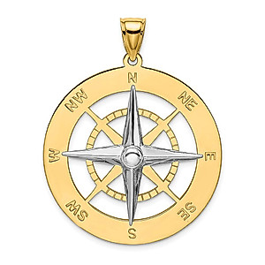 Solid 14k Yellow Gold Two Toned Nautical Compass White Needle Charm Pendant - 41mm x 33mm