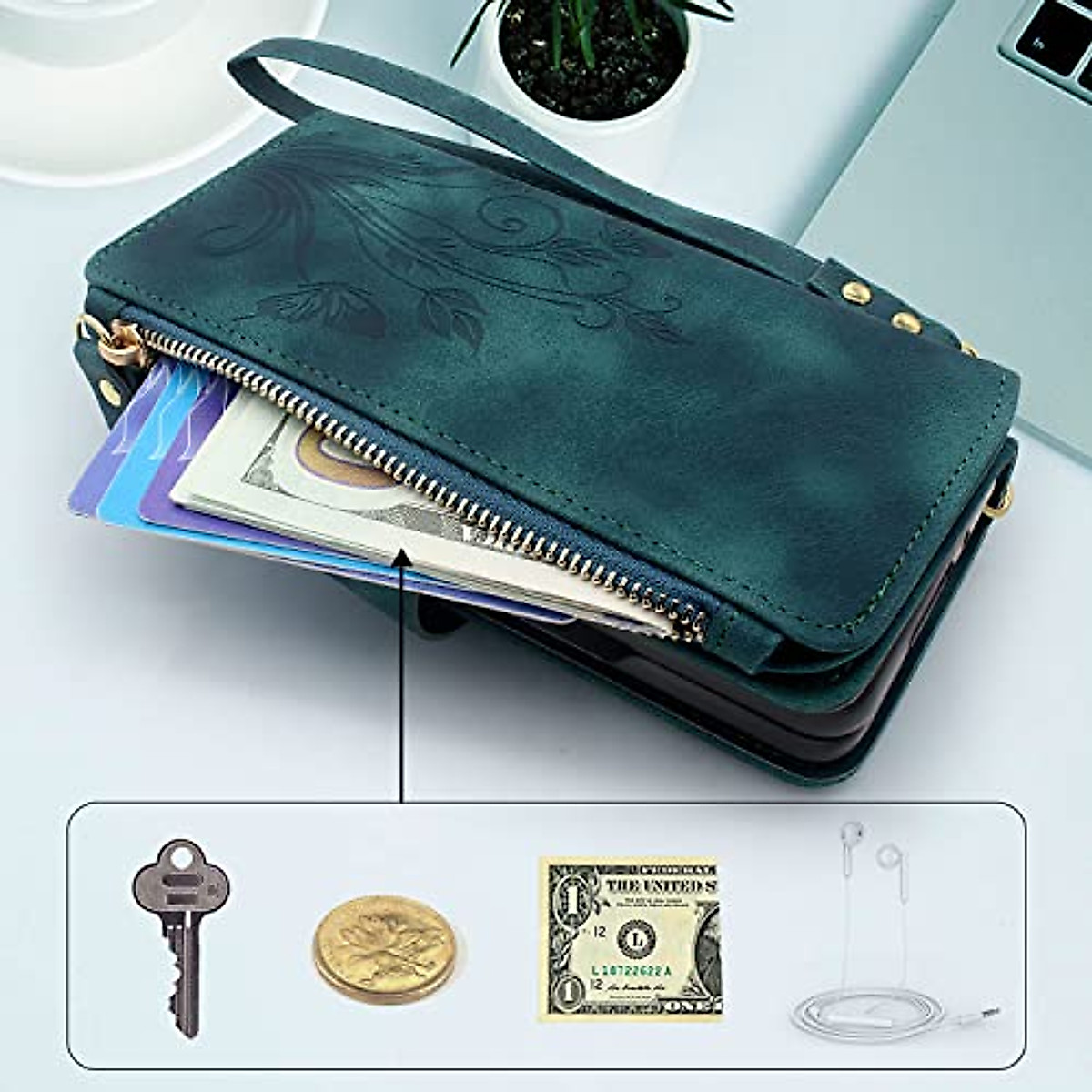 Lacass [Cards Theft Scan Protection 10 Card Slots Zipper Pocket Wallet Case Flip Leather Phone case Cover for Samsung Galaxy Z Fold 4 / z fold4 5G (2022)(Floral Cyan)