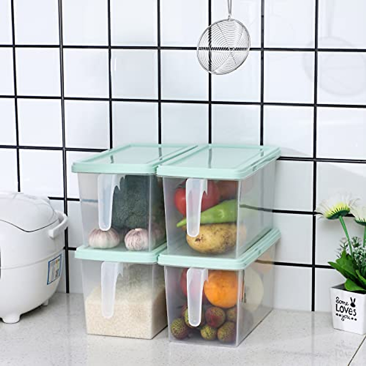 PENGKE 4 Pack Fridge Organizer,Plastic Food Storage Container with Lid and Handle,Fruit Refrigerator Organizer Bins for Kitchen Fridge Desk Cabinet Food Storage to Keep Fresh Furit Eggs Vegetables,5L