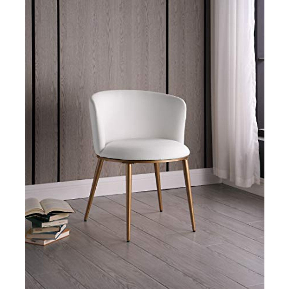 Meridian Furniture Skylar Collection Modern | Contemporary Upholstered Dining Chair with Rounded Back and Sturdy Iron Legs, Set of 2, 23.5" W x 23.5" D x 30" H, White Faux Leather, Gold