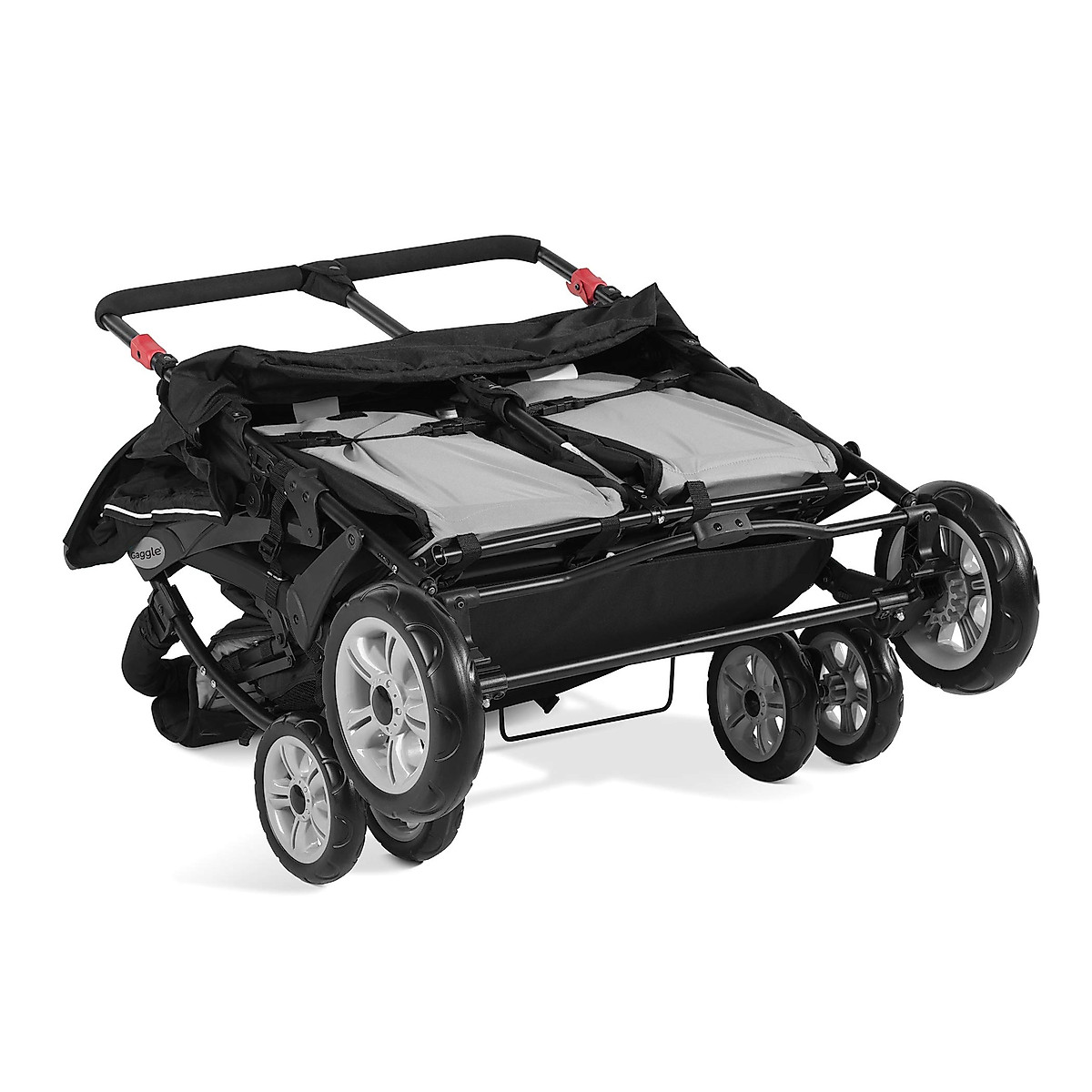 Gaggle by Foundations Compass Quad 4 Seat Stroller | 4-Seat Stroller for Daycare | 4-Seat Quad Stroller with Oversized UV Blocking Canopy | 5-Point Harness | Easy Loading | Storage Bucket | Black