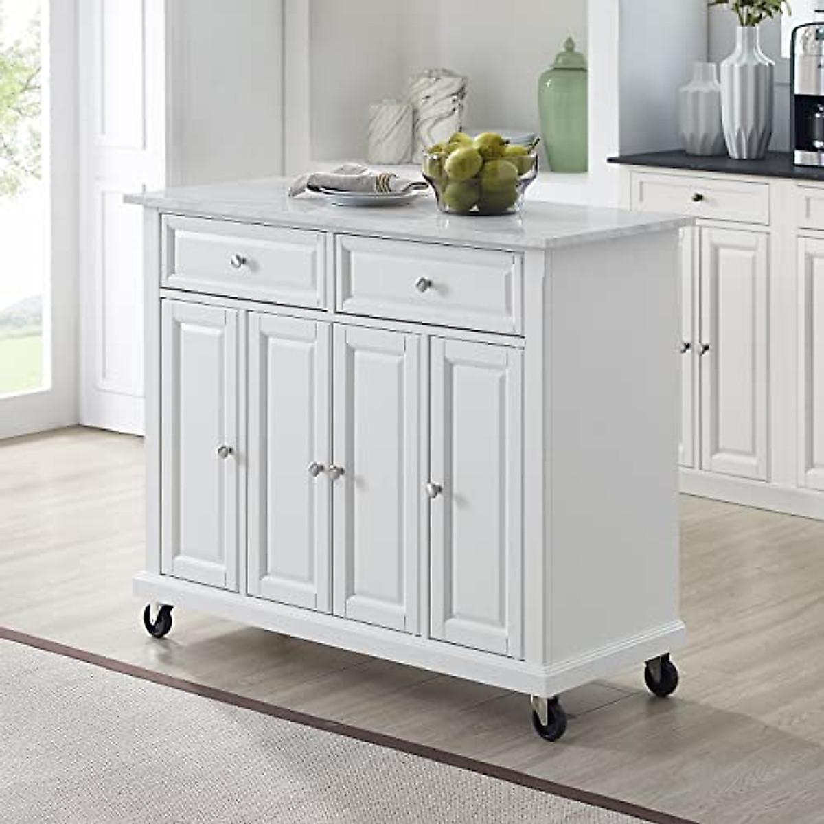 Crosley Furniture Avery Rolling Kitchen Island Storage Cart with Shelves, Microwave Stand, Coffee Bar, Distressed White