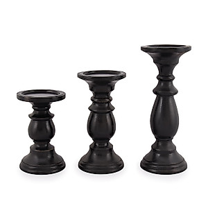SAMHITA Set of 3 Farmhouse Mango Wood Candle Holders, in Black Finish for Table Centerpiece Candle for Any Room Decor