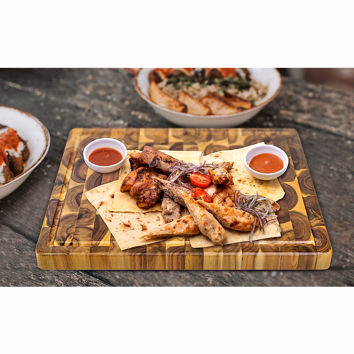 Cutting Board (17x13x1,5in) End Grain Cutting Board, Acacia Wooden Cutting Board, Butcher Block, Chopping Board - Reversible Multipurpose For Kitchen with Juice Groove, Cracker Holder & Inner Handles.