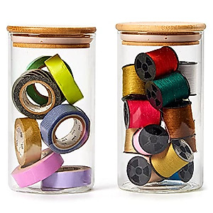 EZOWare 4 x Storage Jars Containers Organizer with Airtight Bamboo Wood Lid for Food Preservation Tea Coffee Sugar Flour Beans, Borosilicate Glass – 700 ml