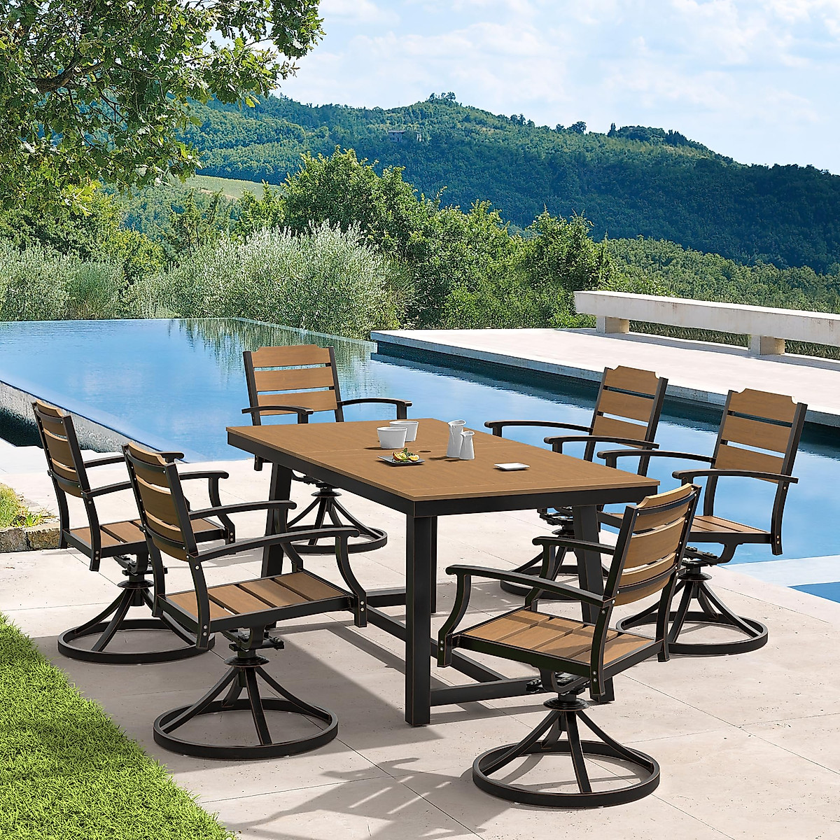 Cozyman Outdoor Dining Chair Set of 2, Swivel Rocking Patio Chairs, HDPE Seat with Aluminum Frame Patio Dining Chairs, Outdoor Chairs, Balcony Chair for Backyard Deck Porch, Brown-Oil Printed