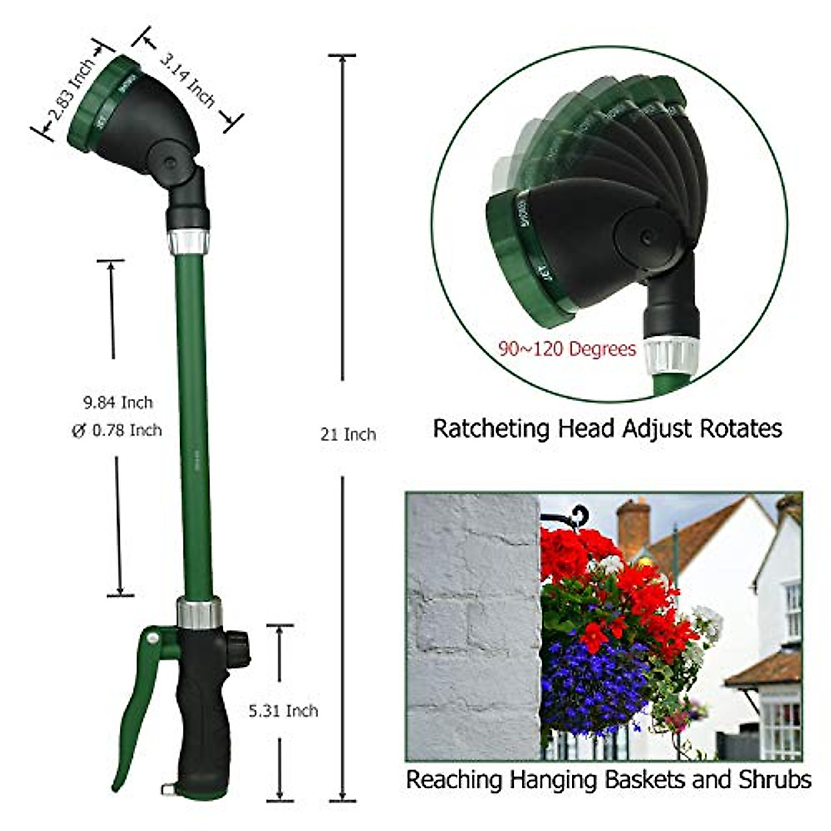 H2O WORKS Heavy Duty 21 Inch Watering Wand with Pivoting Head, Adjustable Water Sprayer Wand with Ergonomic Handle, Spray 6 Watering Patterns, Perfect for Watering Hanging Plants, 1-Year Warranty