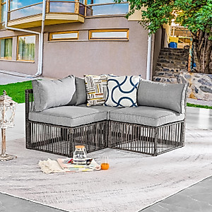 Festival Depot 3 Pieces Patio Conversation Set Sectional Corner Sofa Combination Outdoor Furniture All-Weather Wicker Metal Armless Chairs with Seating Back Cushions Garden Deck Poolside (Grey)