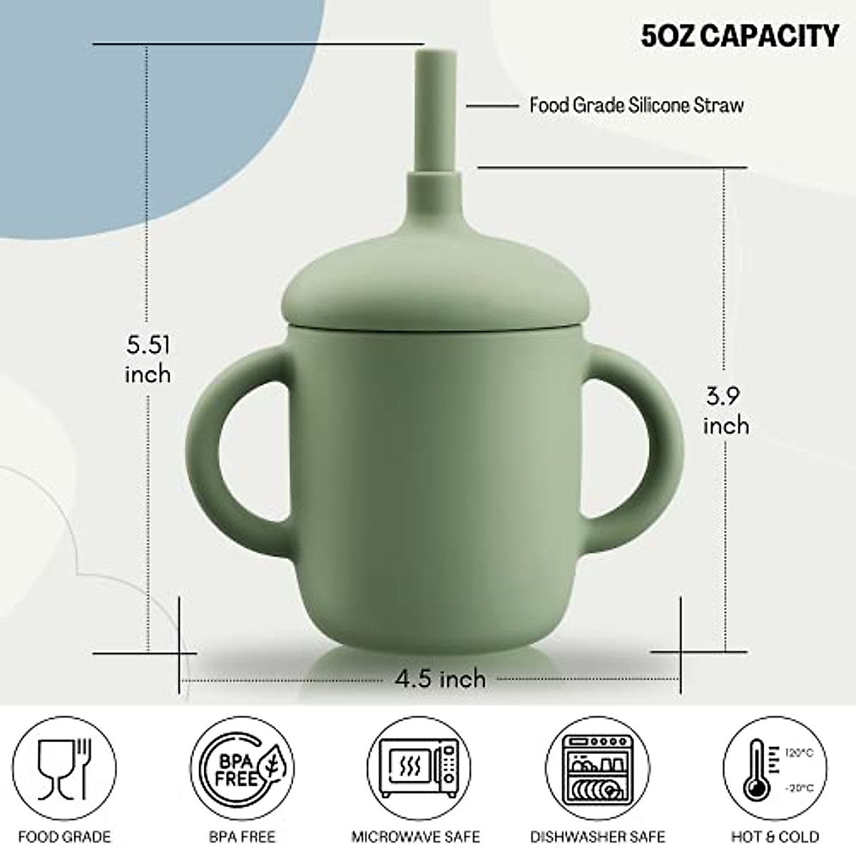 Mintlyfe Baby Trainer Cup, Silicone Training Cup with Handles Lid and Straw, BPA-Free, Unbreakable, Spill Proof and Non-Slip Handles Sippy Cup for Toddlers, 5 oz (Sage)