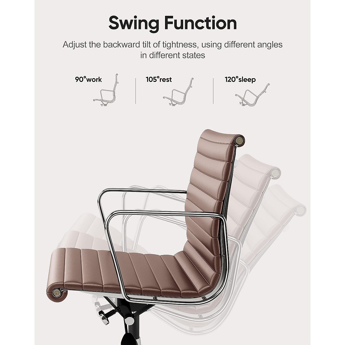 Ribbed Office Chair, Mid Back Top Black Grain Leather Desk Chair, Swivel Chair Adjustable Ergonomic Computer Desk Chair with Aluminium Alloy Frame and Silent Nylon Wheels