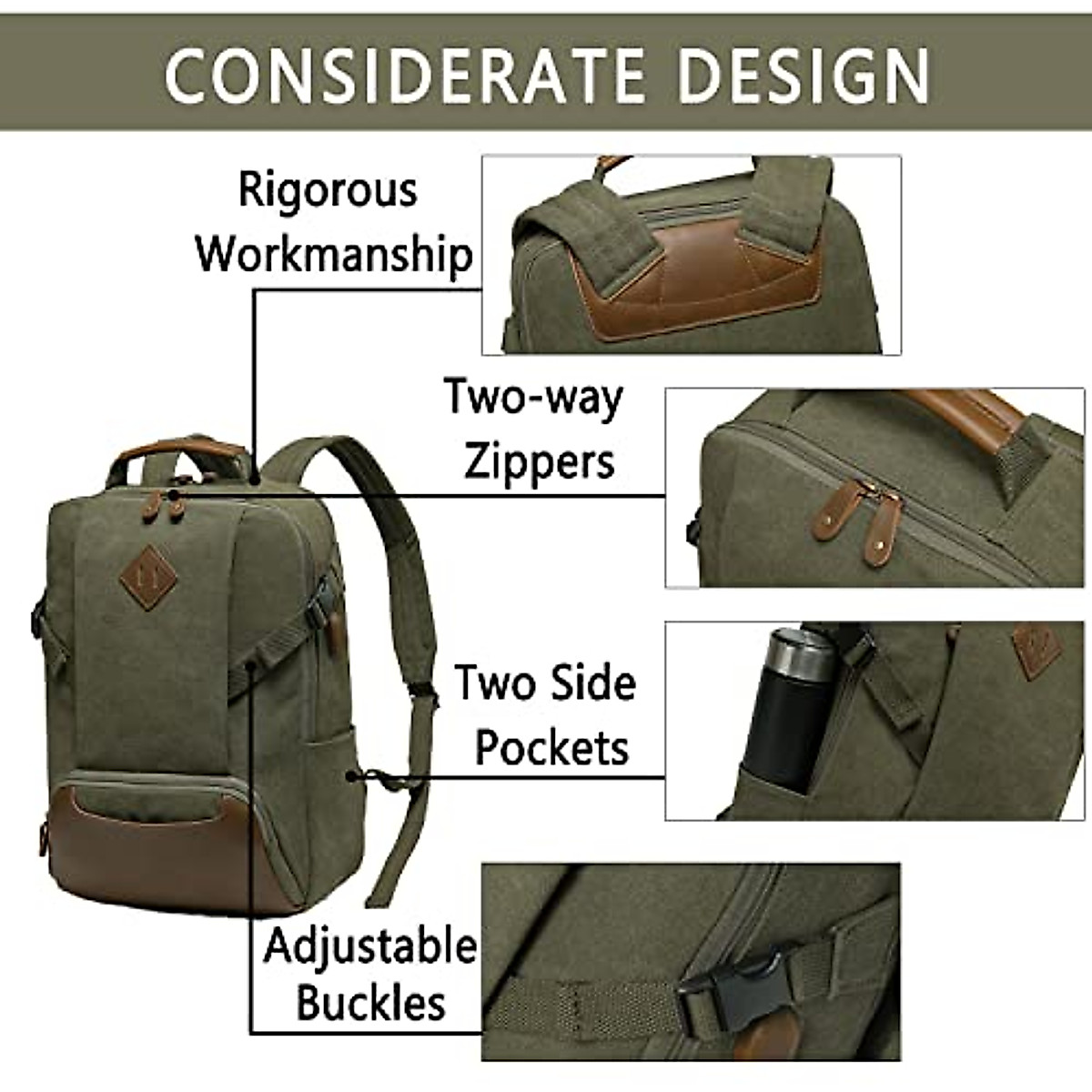 Kasqo Laptop Backpack 15.6 Inch Canvas Waterproof Anti Theft Business Travel College Computer Bag Carry on Bag with USB Charging Port for Women Men, Army Green