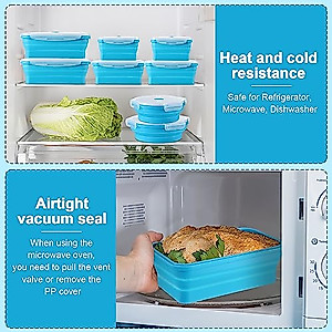Zhehao Set of 8 Silicone Food Storage Containers Collapsible Storage Containers Collapsible Bowls with Lids Reusable Foldable Bento Lunch Box for Meal Prep Freezer Microwave, 4 Sizes (Blue)