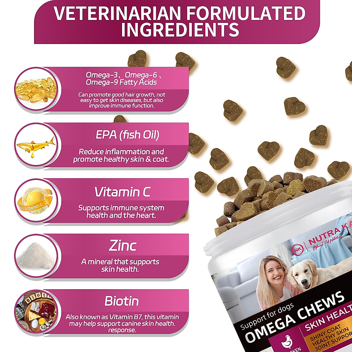 Nutra Kams Skin and Coat with Joint Support for Dogs, Chicken Flavor, 120 Chews, 10.58 oz,