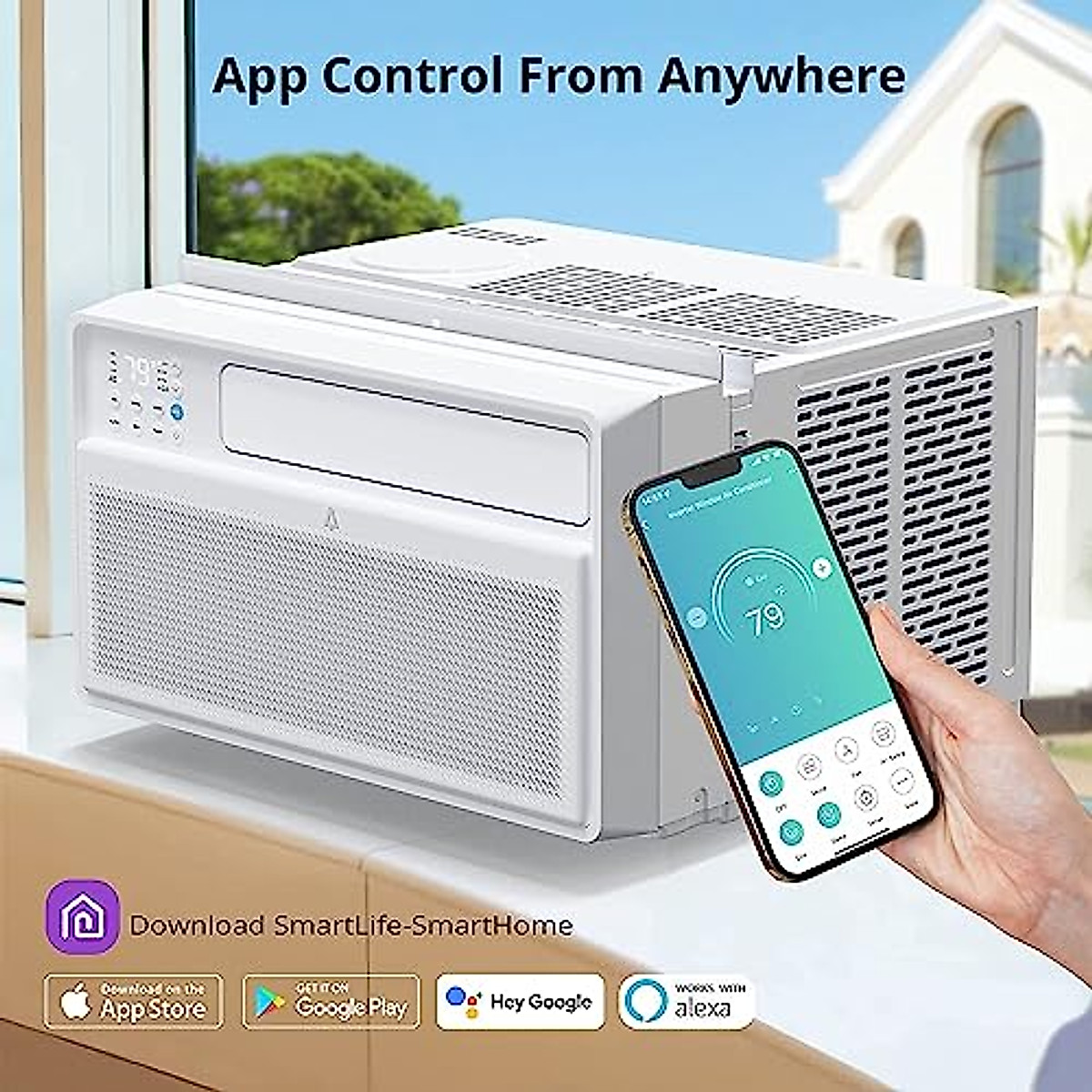8,000 BTU Smart Inverter Window Air Conditioner, Cools up to 350 Sq. Ft., Ultra Quiet with Open Window Flexibility, Compatible with Alexa/Go ogle Assistant, 35% Energy Savings, Remote/App Control