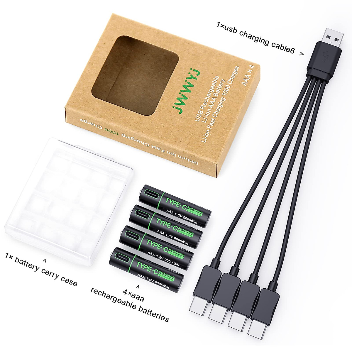 JWWYJ Lithium Rechargeable Batteries - 4Pack Smart Rechargeable AAA Batteries, Lithium Ion 1.5v 900mWh, 600 mAH, Type C Battery Charging Cable, LED Charge Indicator