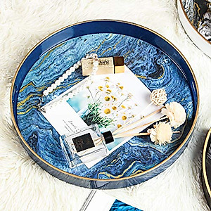 Zosenley Round Decorative Tray, Marbling Plastic Tray with Handles, Modern Vanity Tray and Serving Tray for Ottoman, Coffee Table, Kitchen and Bathroom, Size 13”, Blue