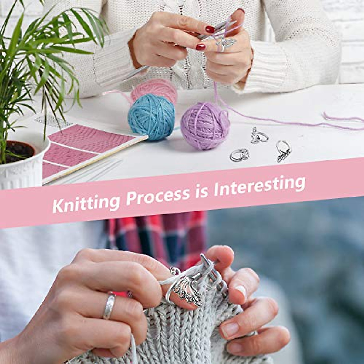 6 Pieces Adjustable Knitting Crochet Loop Ring Knitting Accessories Braided Knitting Ring Yarn Guide Finger Holder Open Finger Ring for Mother Grandma Thanksgiving Presents, 3 Styles (Silver)